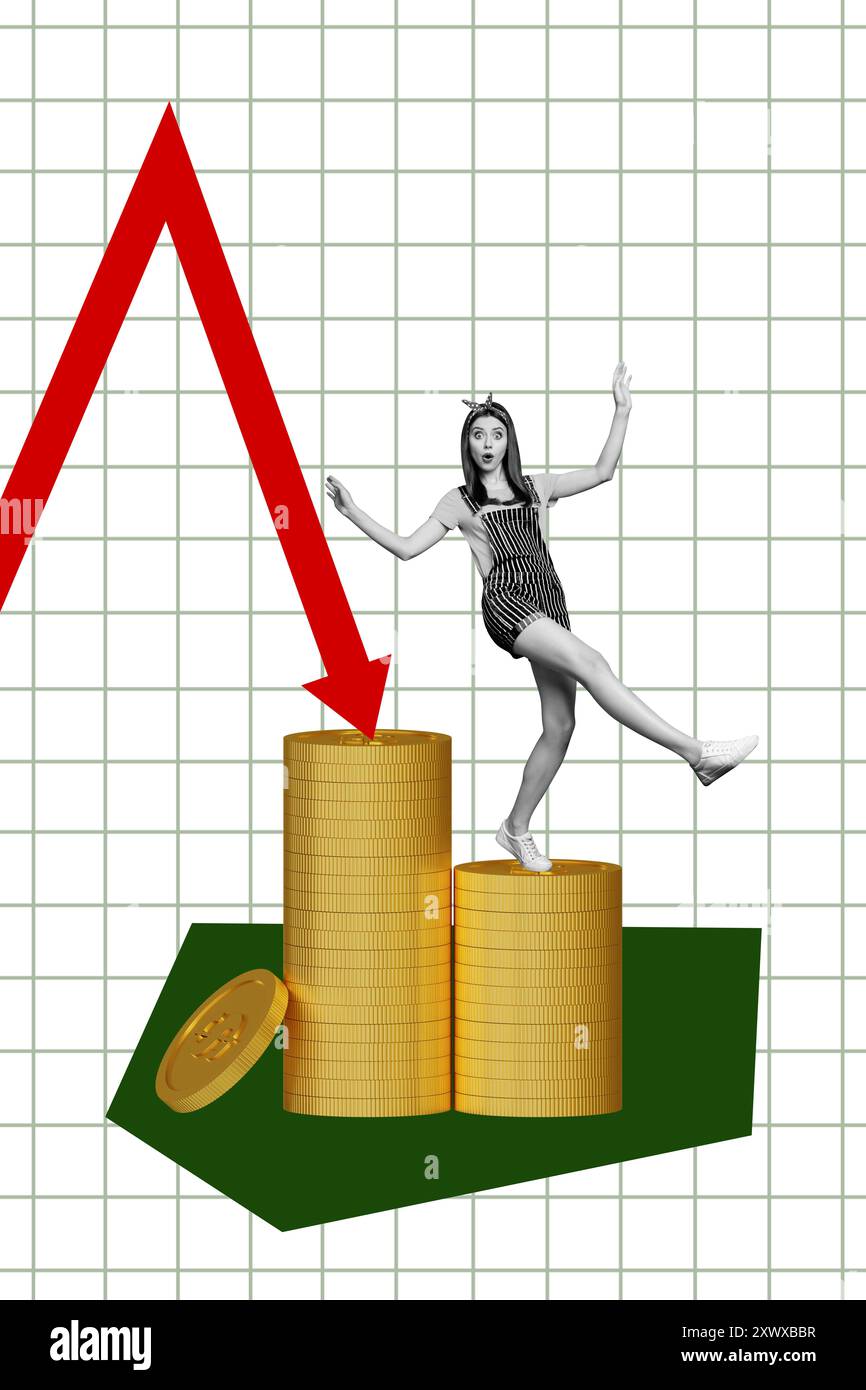 Vertical poster collage young girl step falling economy money recession ...