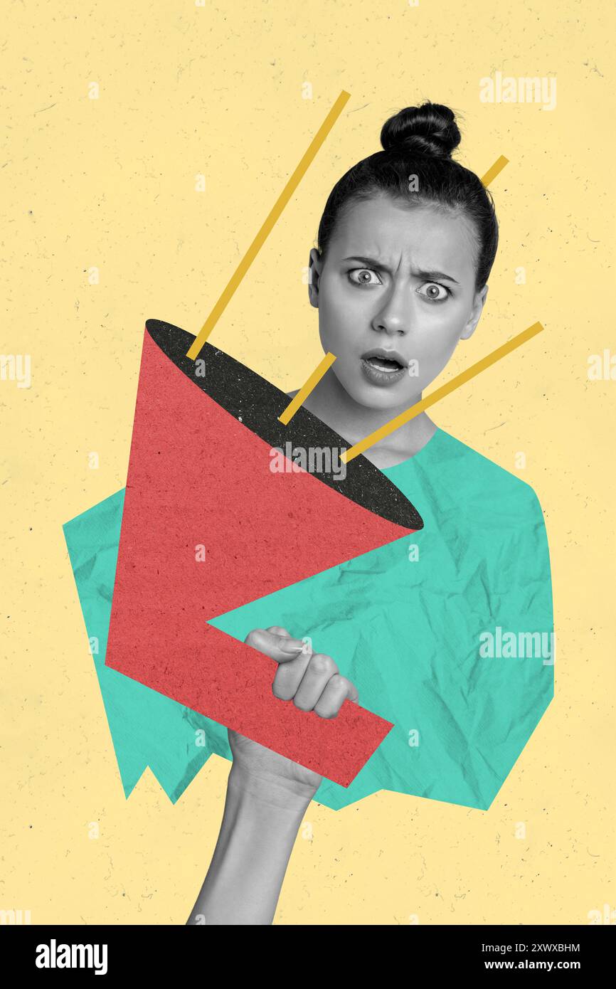 Vertical poster collage young shocked woman stupor speechless ...