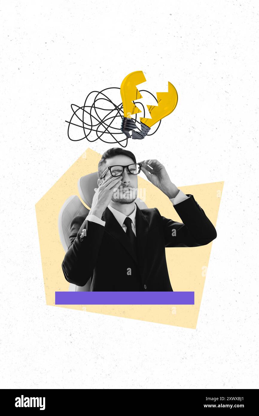 Vertical poster collage young man entrepreneur lightbulb lamp crack ...