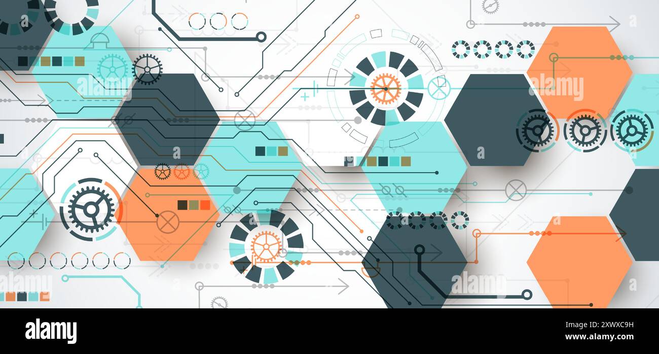 Abstract circuit board background with hexagons. Hi-tech digital technology concept. Hand drawn ...