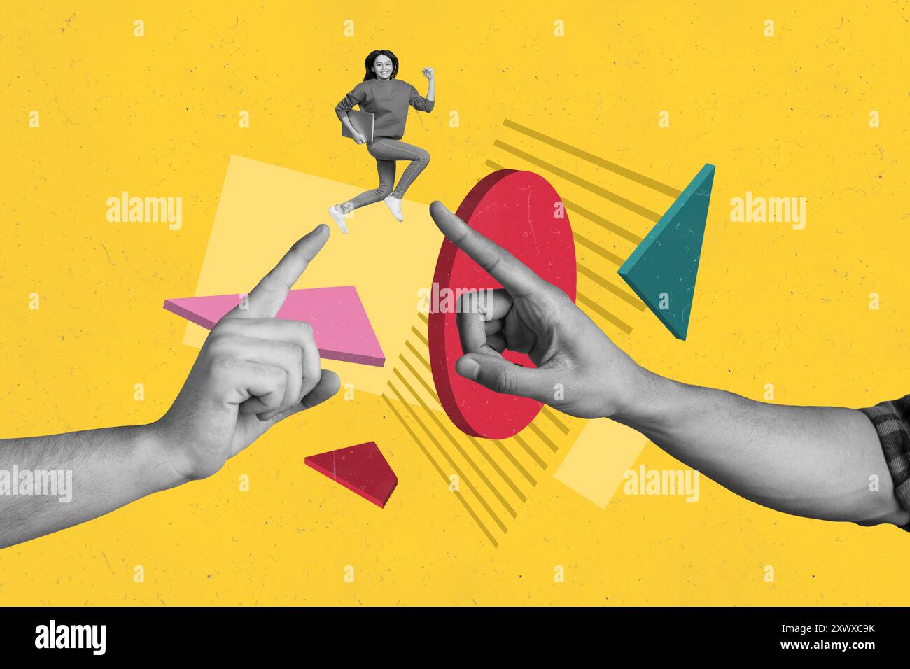 Creative collage picture young woman achieve goal aim target result ...