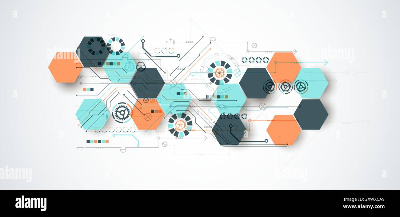 Abstract circuit board background with hexagons. Hi-tech digital technology concept. Hand drawn ...