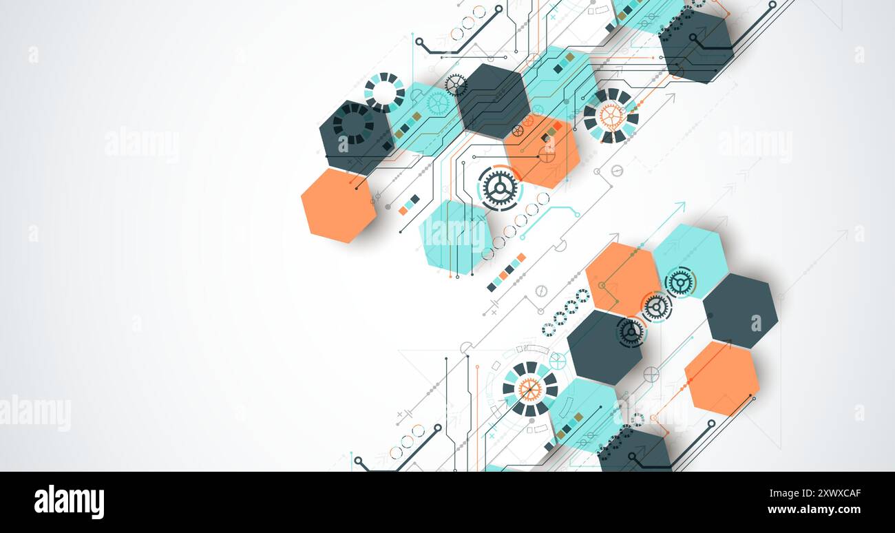 Abstract circuit board background with hexagons. Hi-tech digital technology concept. Hand drawn ...