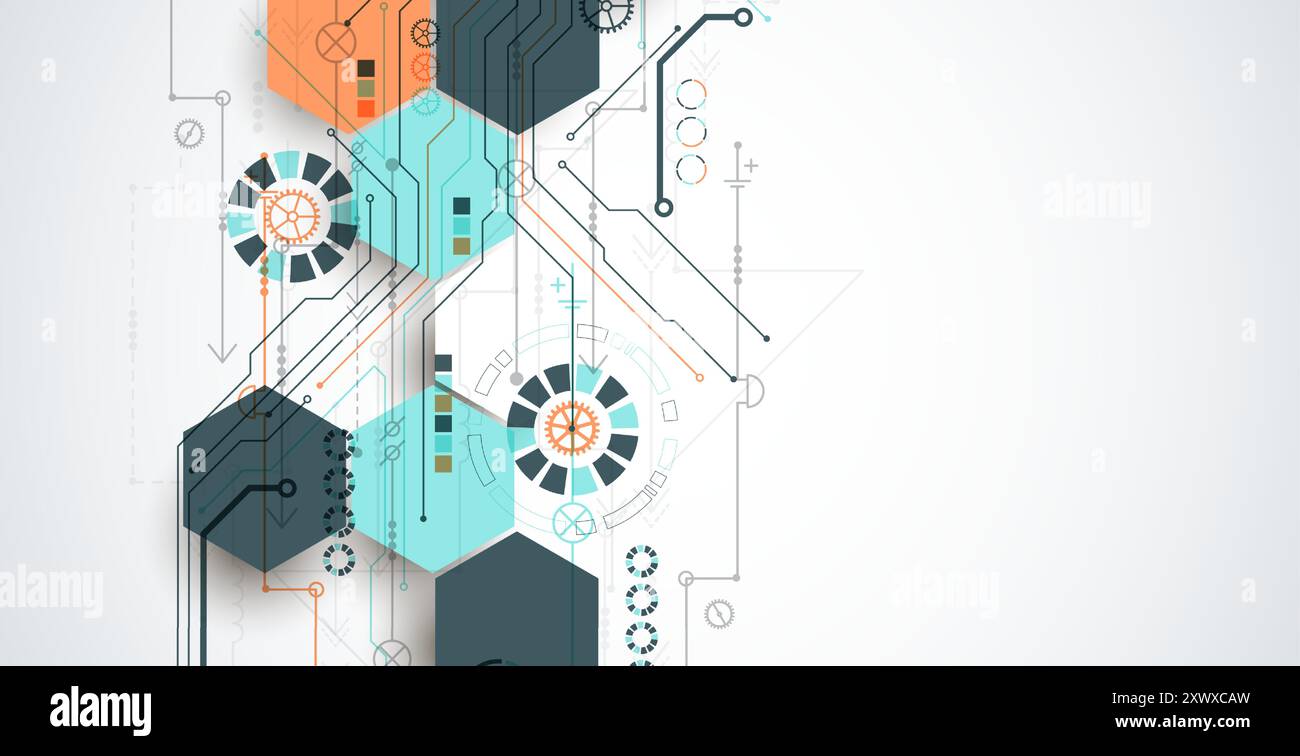 Abstract circuit board background with hexagons. Hi-tech digital technology concept. Hand drawn ...
