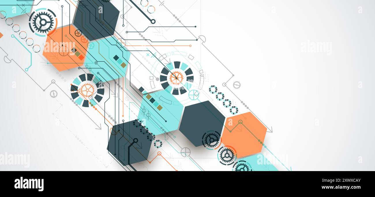 Abstract circuit board background with hexagons. Hi-tech digital technology concept. Hand drawn ...