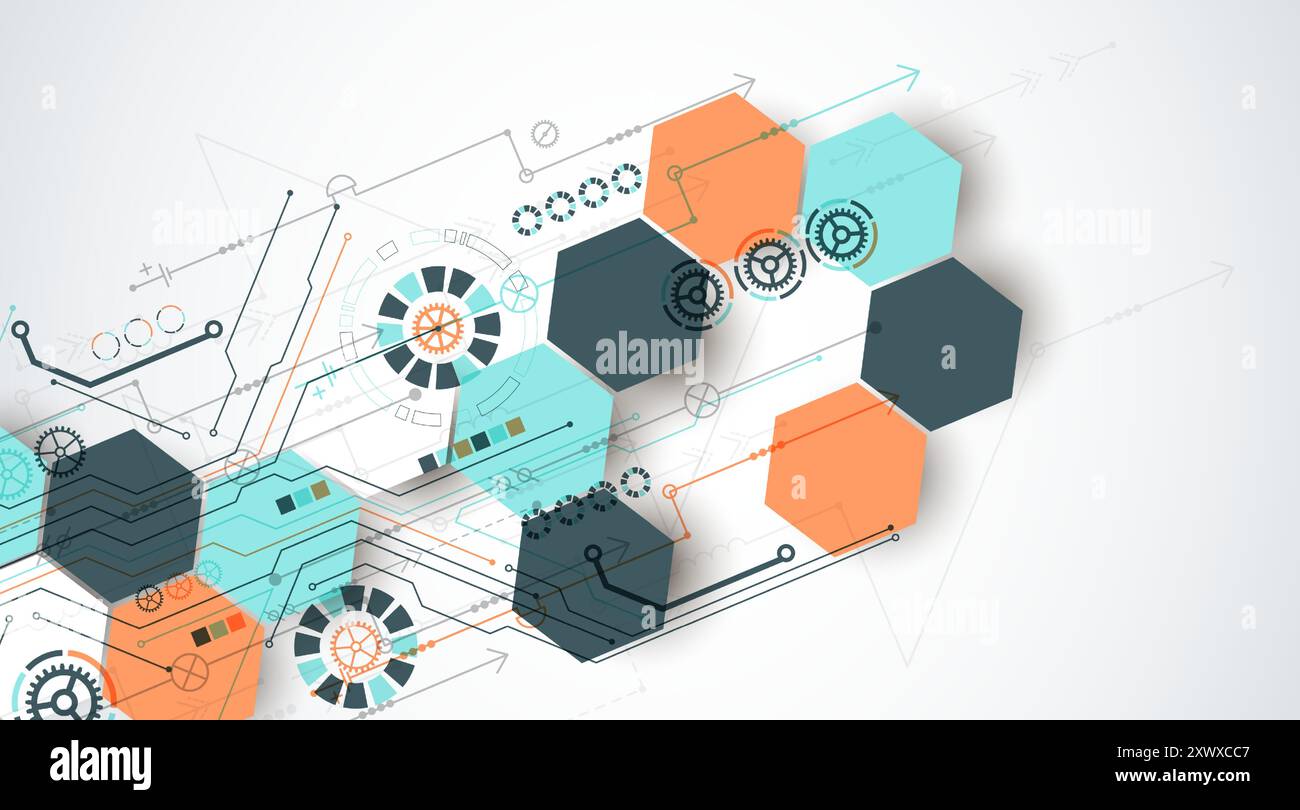 Abstract circuit board background with hexagons. Hi-tech digital technology concept. Hand drawn ...