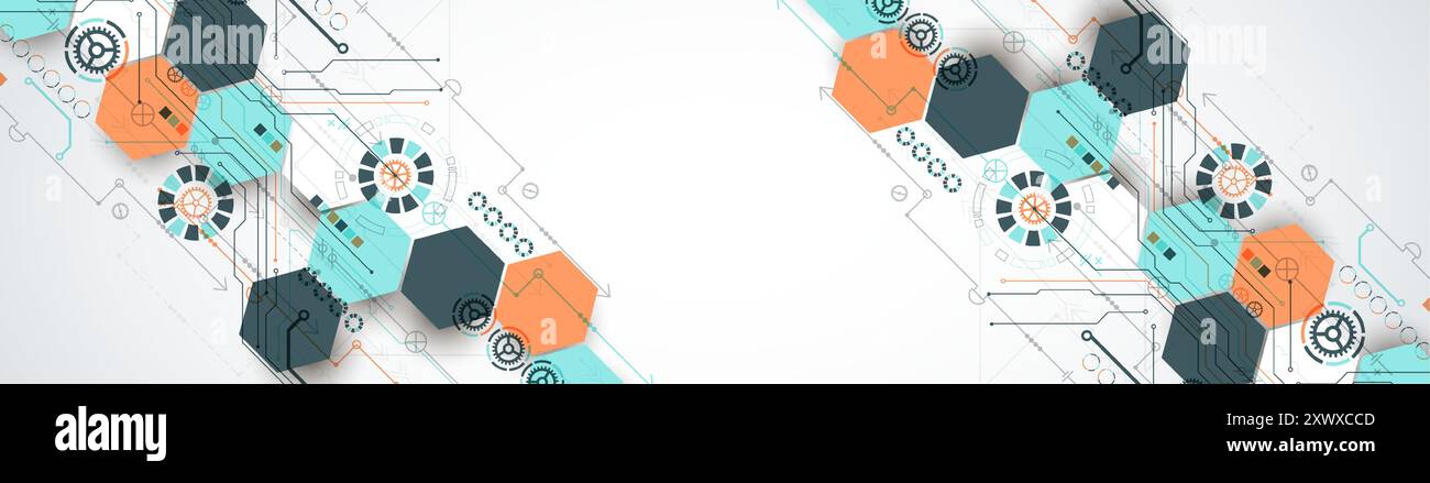 Abstract circuit board background with hexagons. Hi-tech digital technology concept. Hand drawn ...