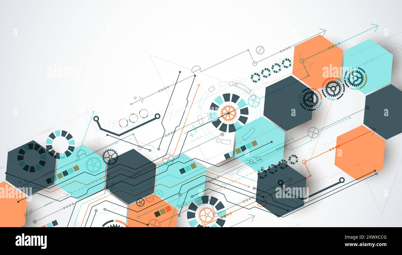 Abstract circuit board background with hexagons. Hi-tech digital technology concept. Hand drawn ...