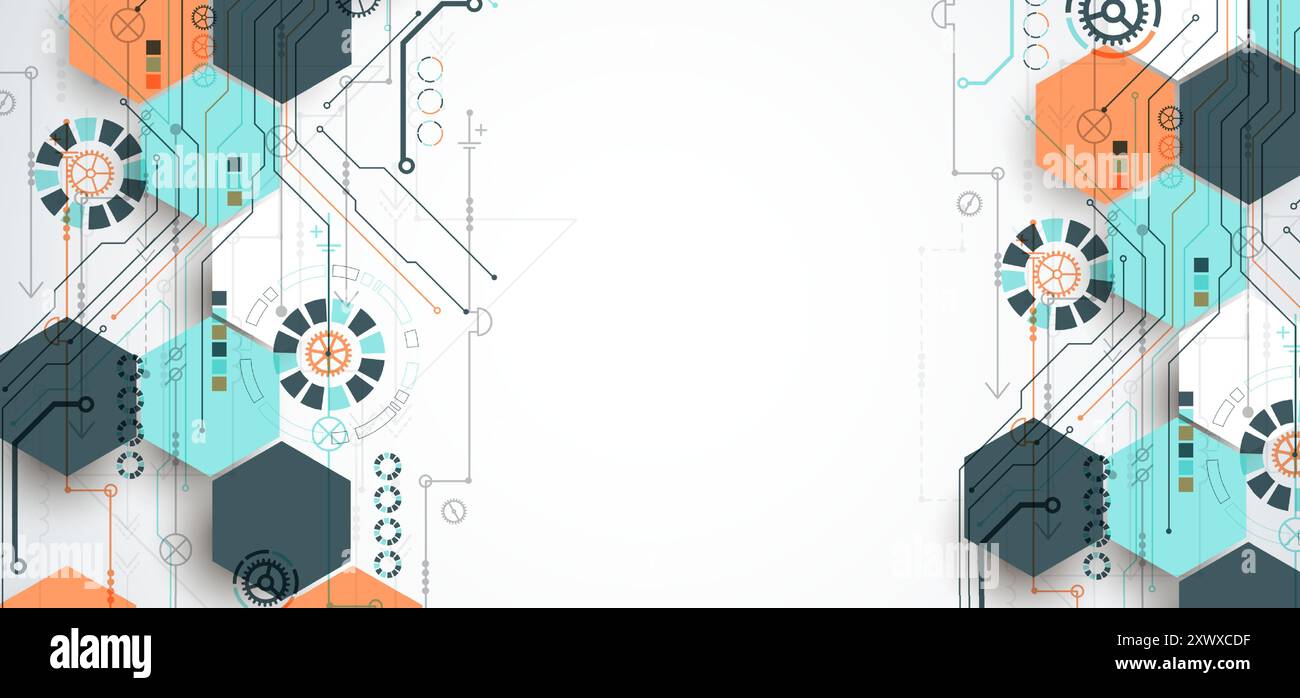 Abstract circuit board background with hexagons. Hi-tech digital technology concept. Hand drawn ...