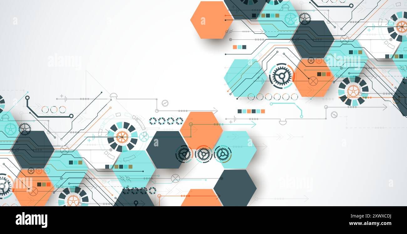 Abstract circuit board background with hexagons. Hi-tech digital technology concept. Hand drawn ...