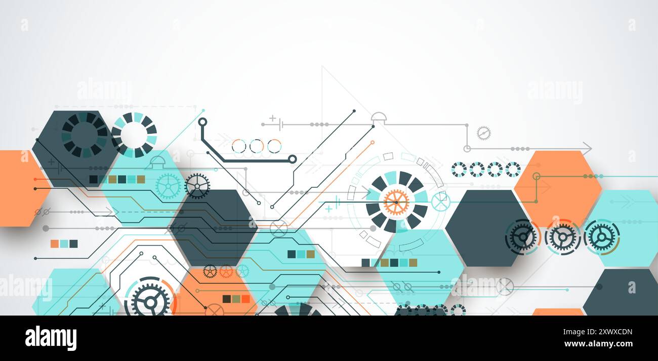 Abstract circuit board background with hexagons. Hi-tech digital technology concept. Hand drawn ...