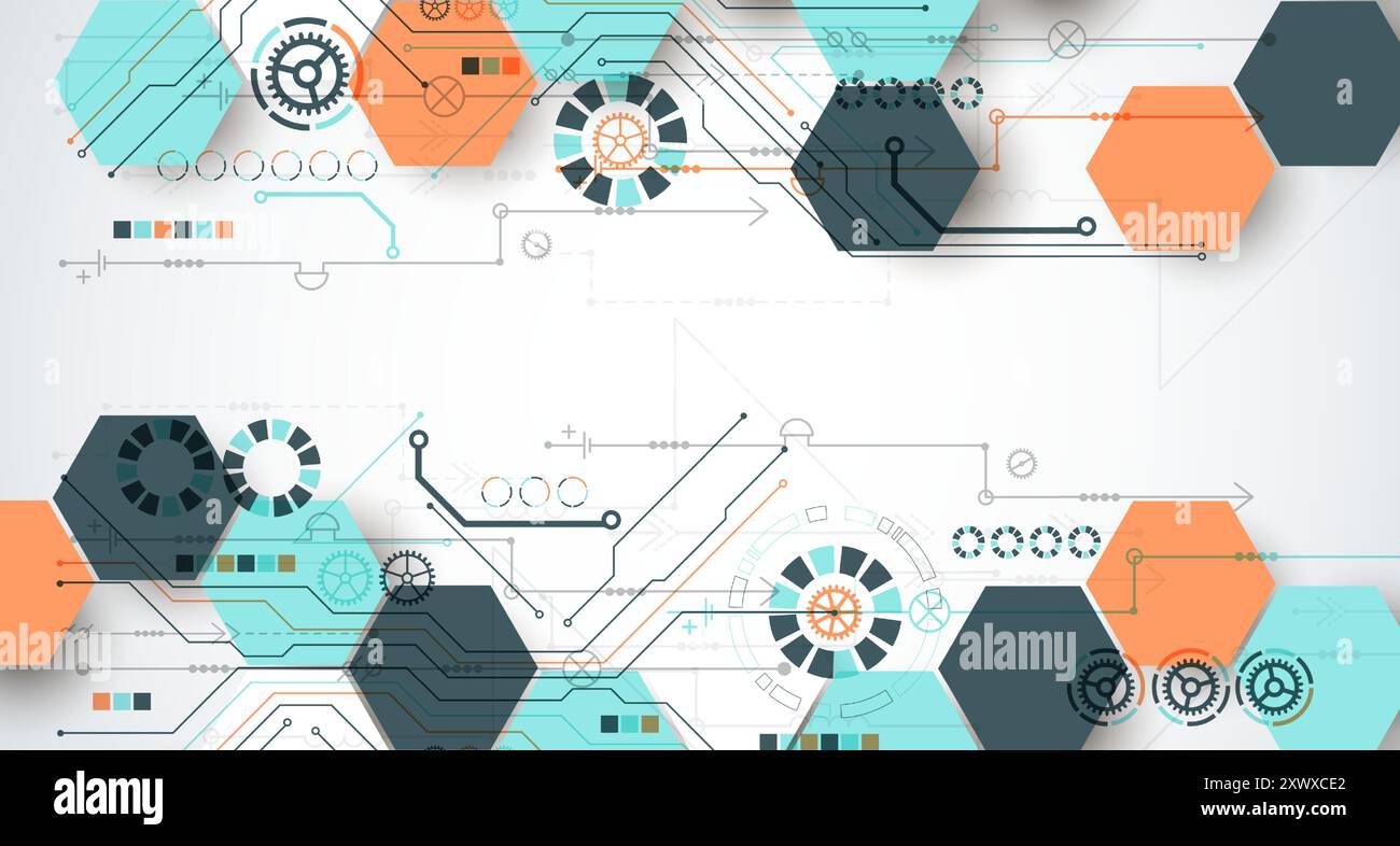 Abstract circuit board background with hexagons. Hi-tech digital technology concept. Hand drawn ...