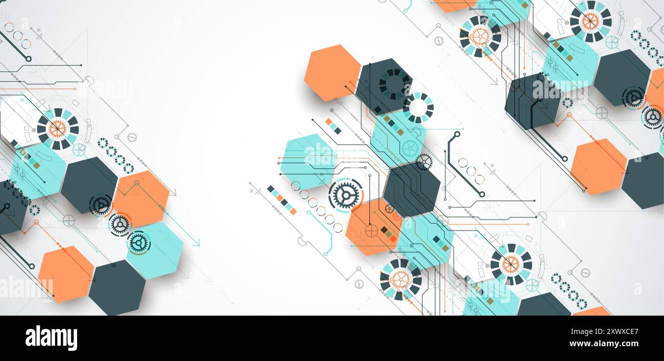 Abstract circuit board background with hexagons. Hi-tech digital technology concept. Hand drawn ...
