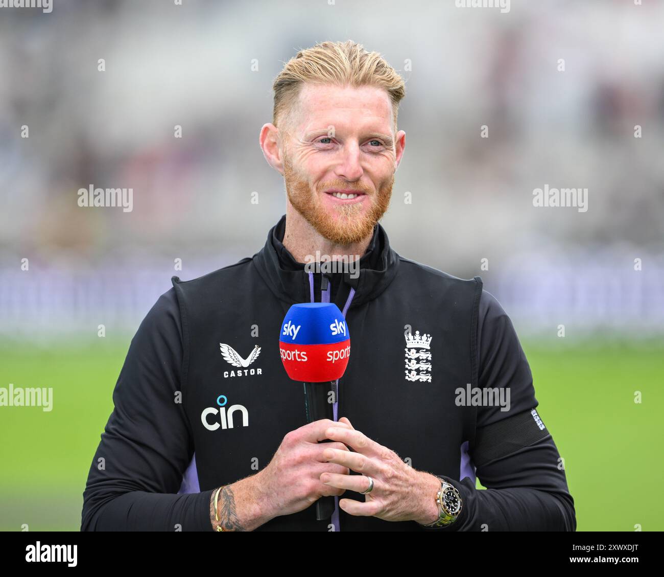 Ben Stokes the injured England Captain during a pre match interview ...