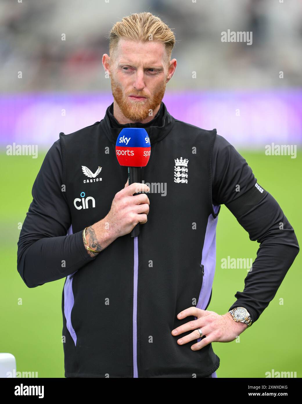 Ben Stokes the injured England Captain during a pre match interview ...