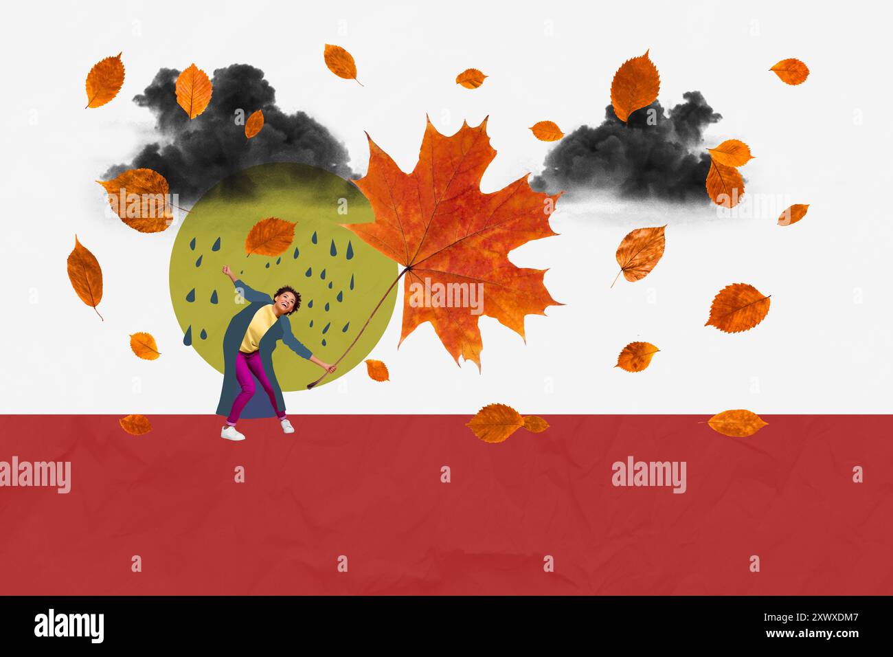 Composite photo collage of happy girl dance autumn rain drop cyclone ...