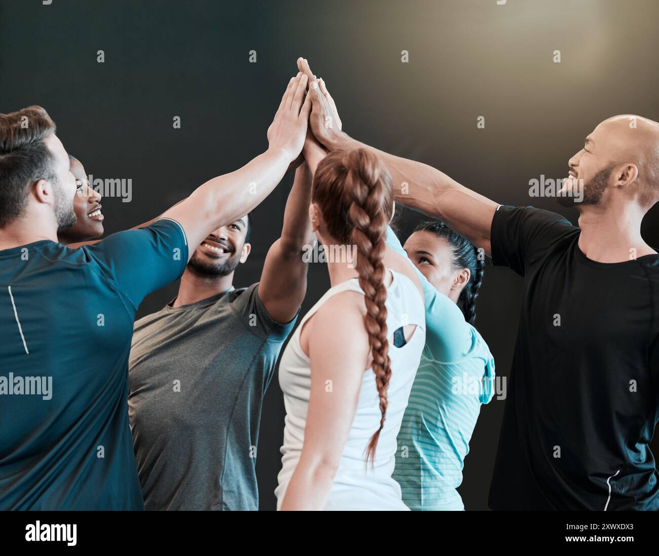 Wellness, high five and people with workout, celebration and happiness ...