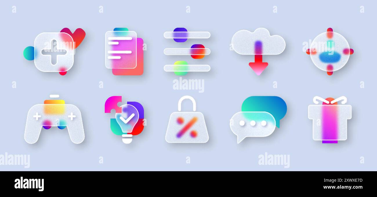 Transparent matte glass morphism ui icon set with blur neon gradient of ...
