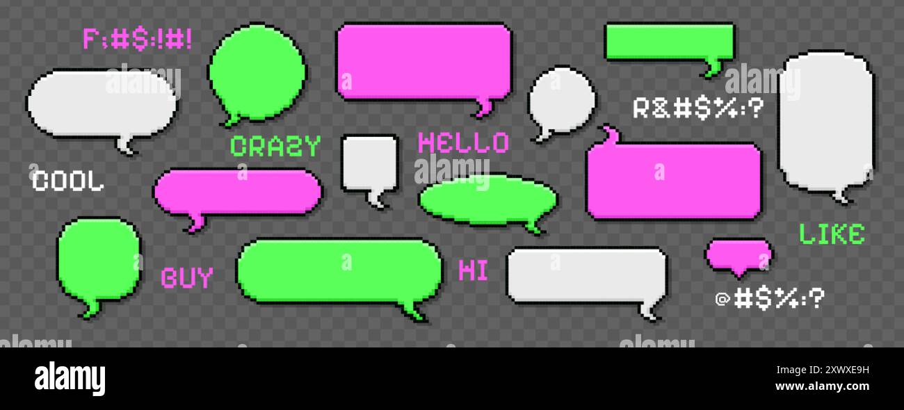 Pixel art speech bubbles set. Retro game style dialogue boxes on transparent background. Empty ...