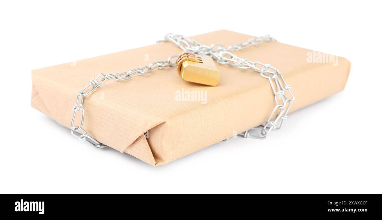One parcel with chain and padlock isolated on white Stock Photo - Alamy