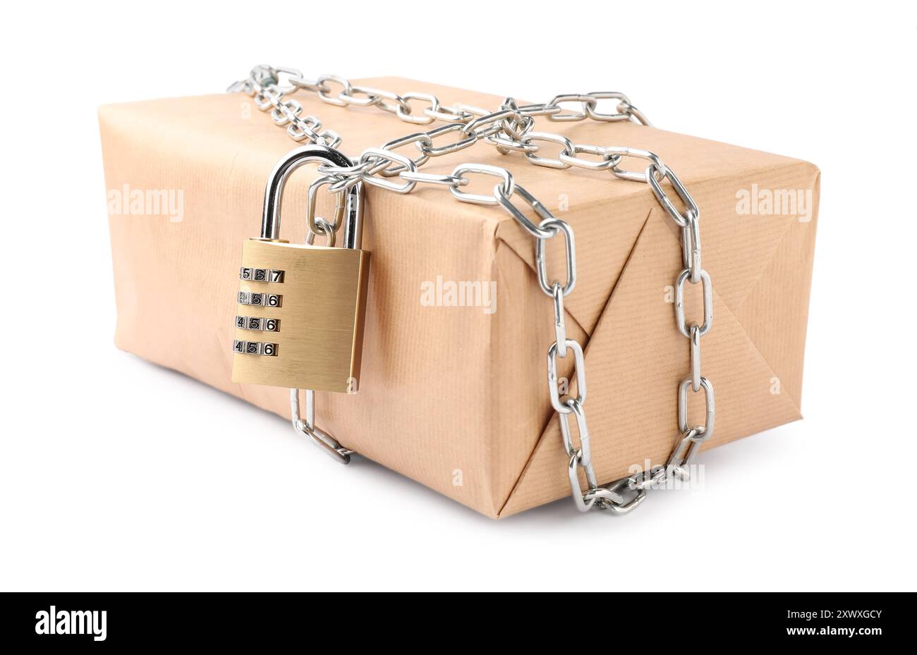 One parcel with chain and padlock isolated on white Stock Photo - Alamy