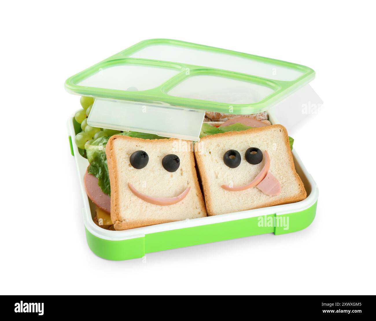 Sandwiches with smiley faces and grapes in lunch box isolated on white ...
