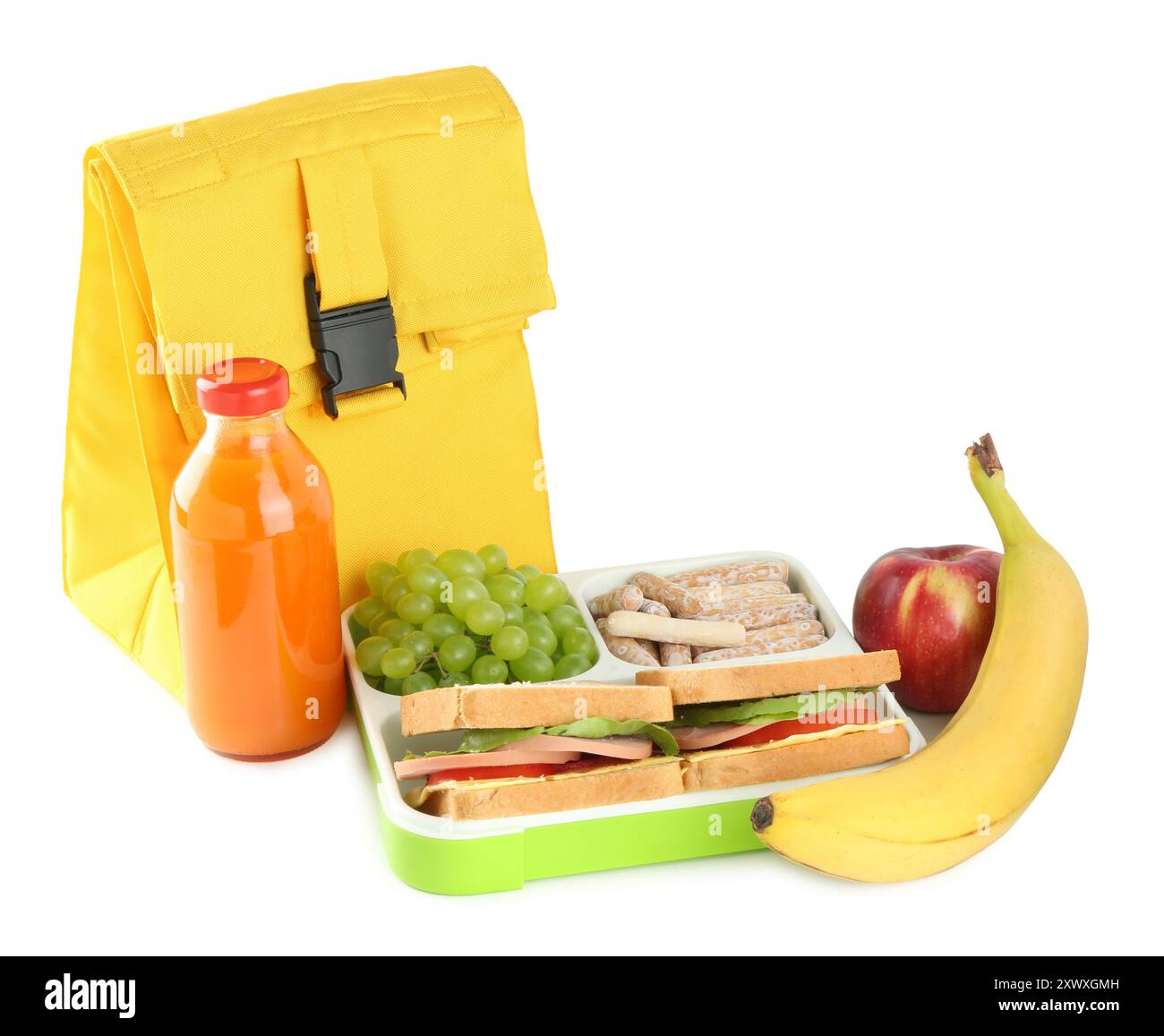 Yellow bag, lunch box with snacks and bottle of juice isolated on white ...