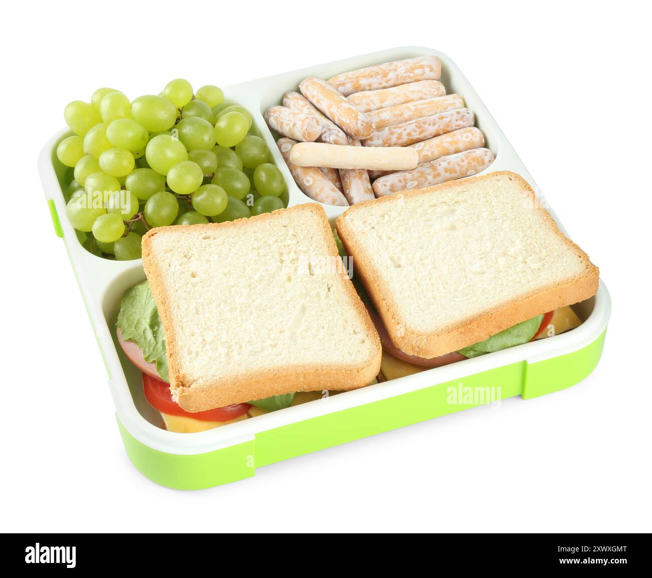 Lunch box with sandwiches, grapes and cookies isolated on white Stock ...