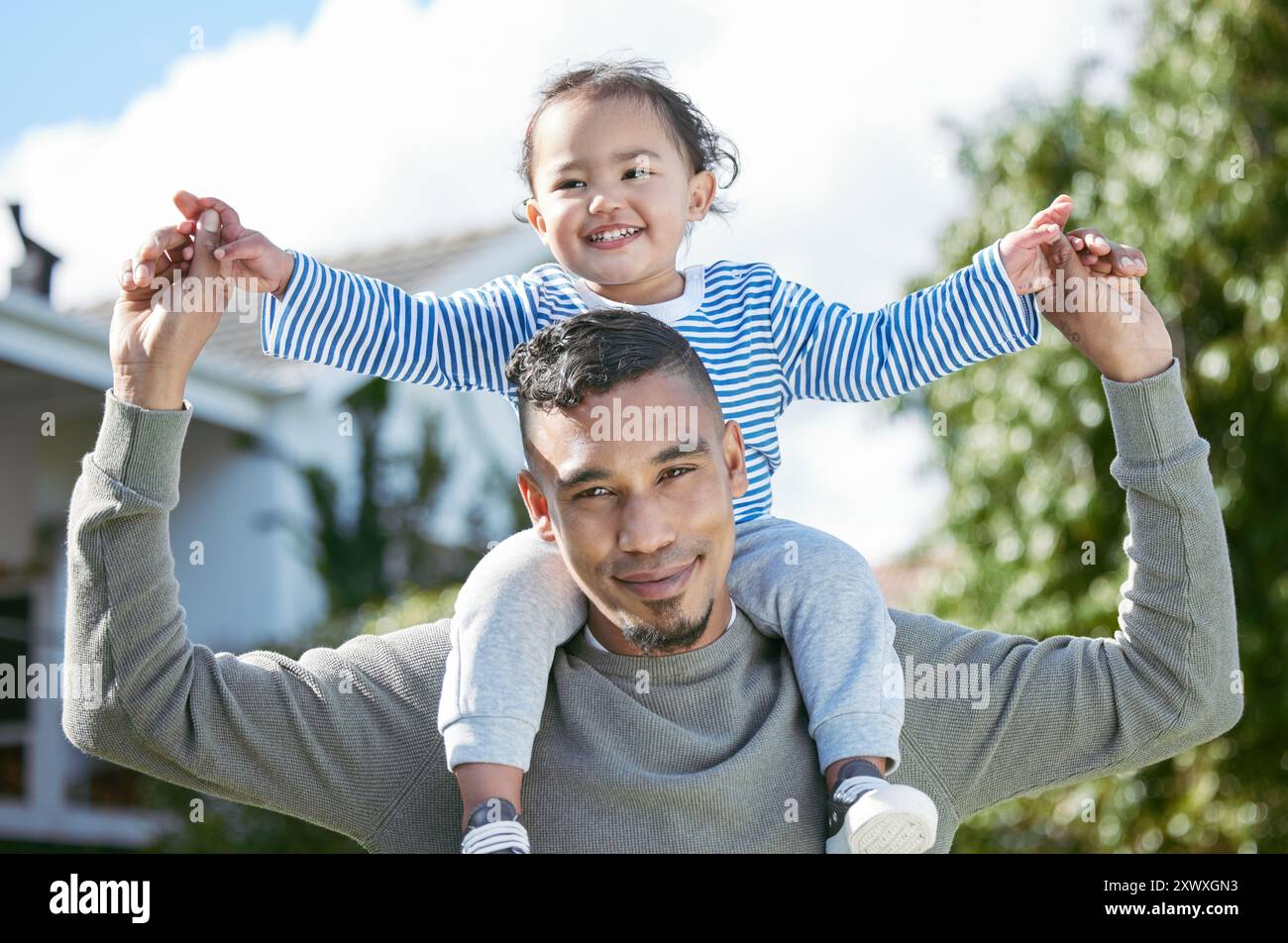 Outdoor, portrait and dad with kid for piggyback, connection and ...