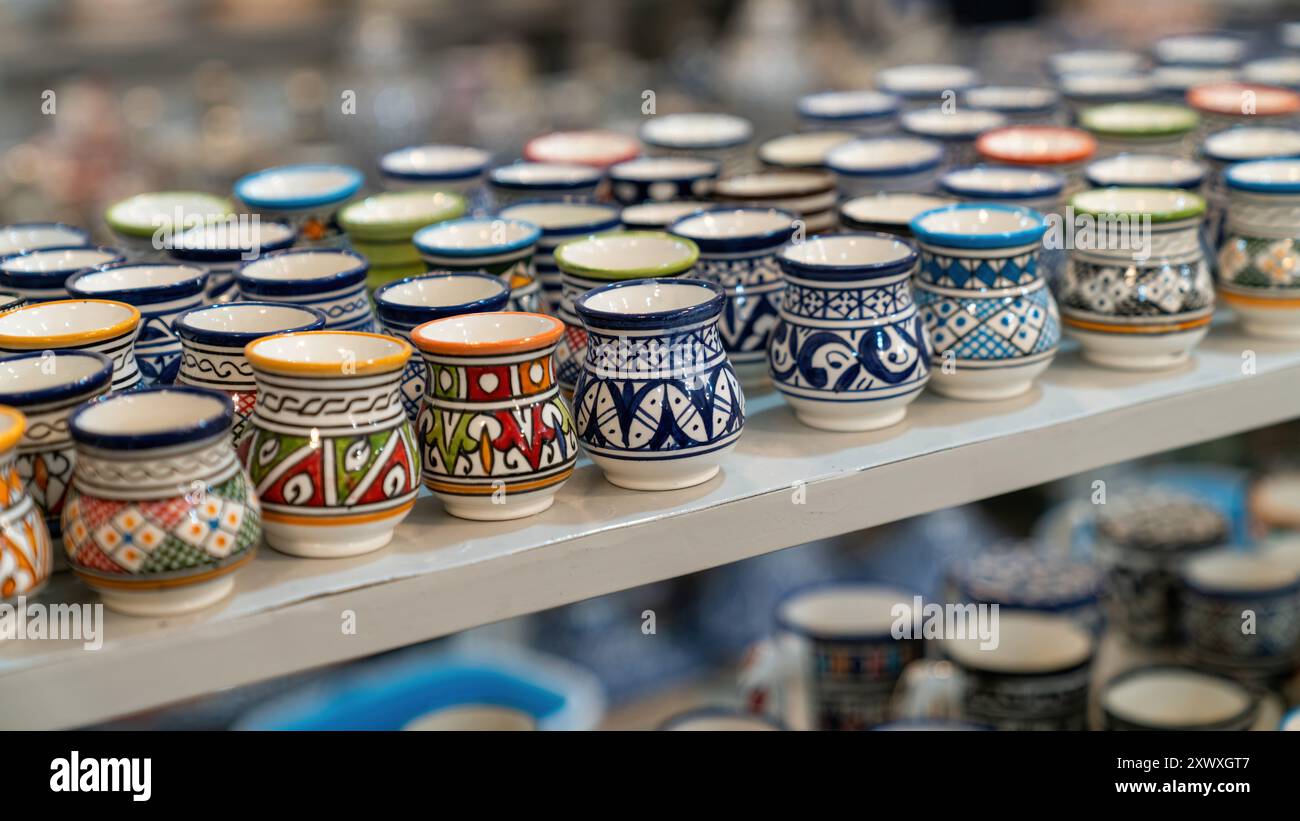 Colorful Moroccan pottery and ceramics displayed outside shops in the ...