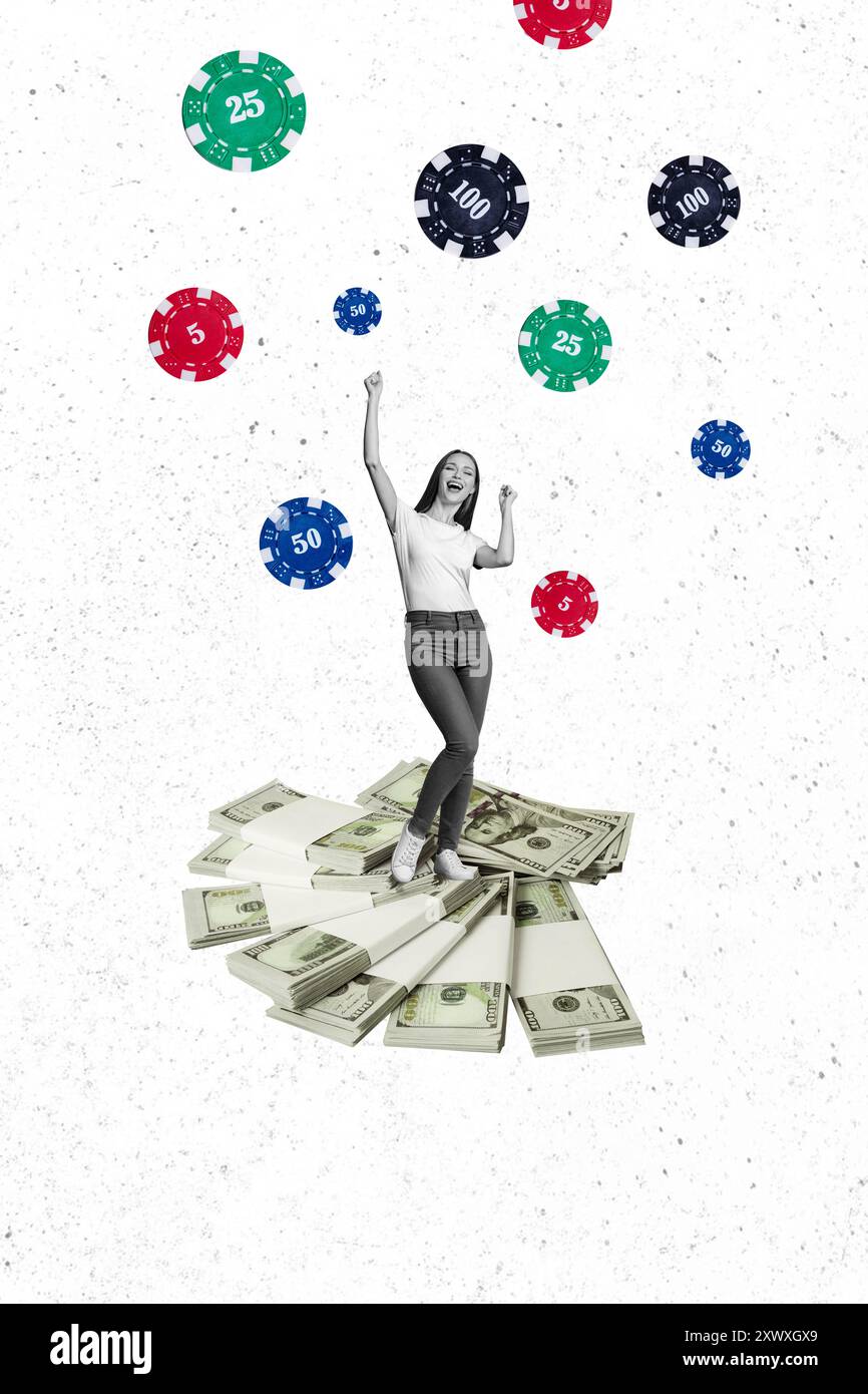 Vertical collage young cheerful woman celebrate success victory chips ...