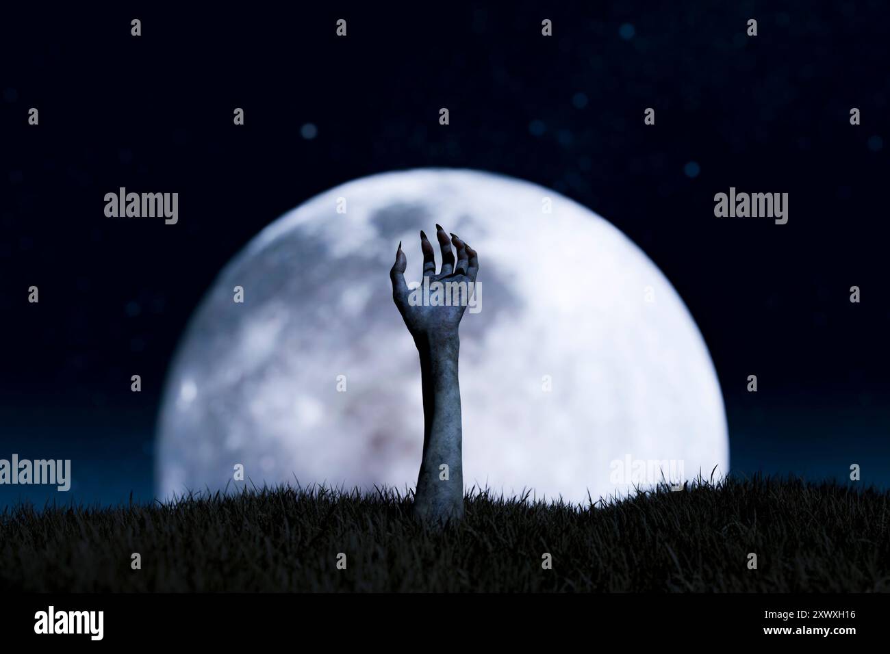 Decomposing zombie hand reaching up from the ground with a full moon in ...