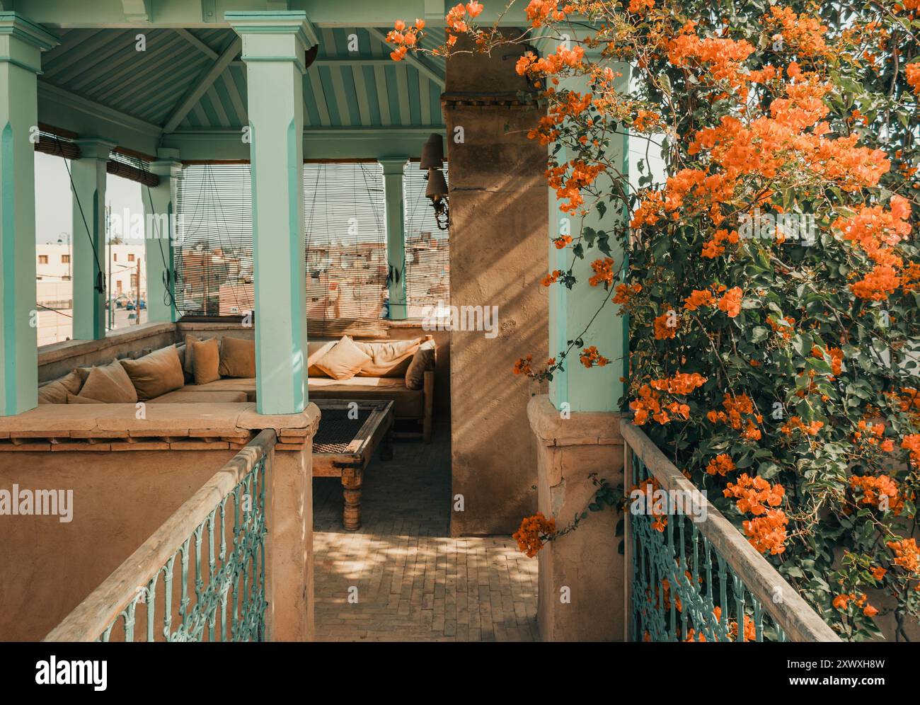 Charming Riad Rooftop Terrace with Bougainvillea flowers, rustic luxury ...