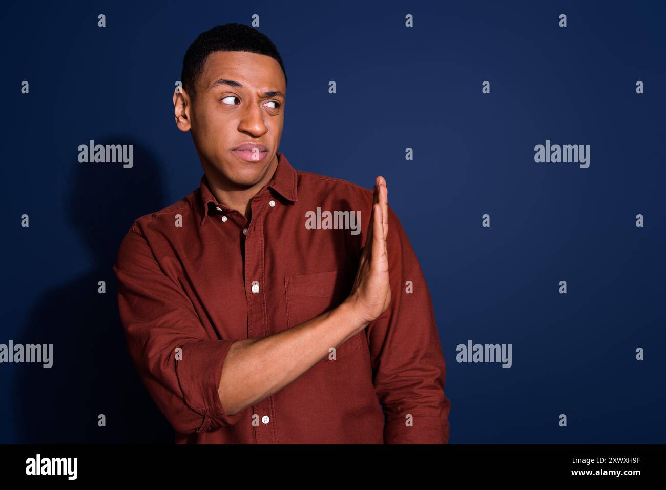 Photo portrait of handsome young man look disgusting empty space stop ...