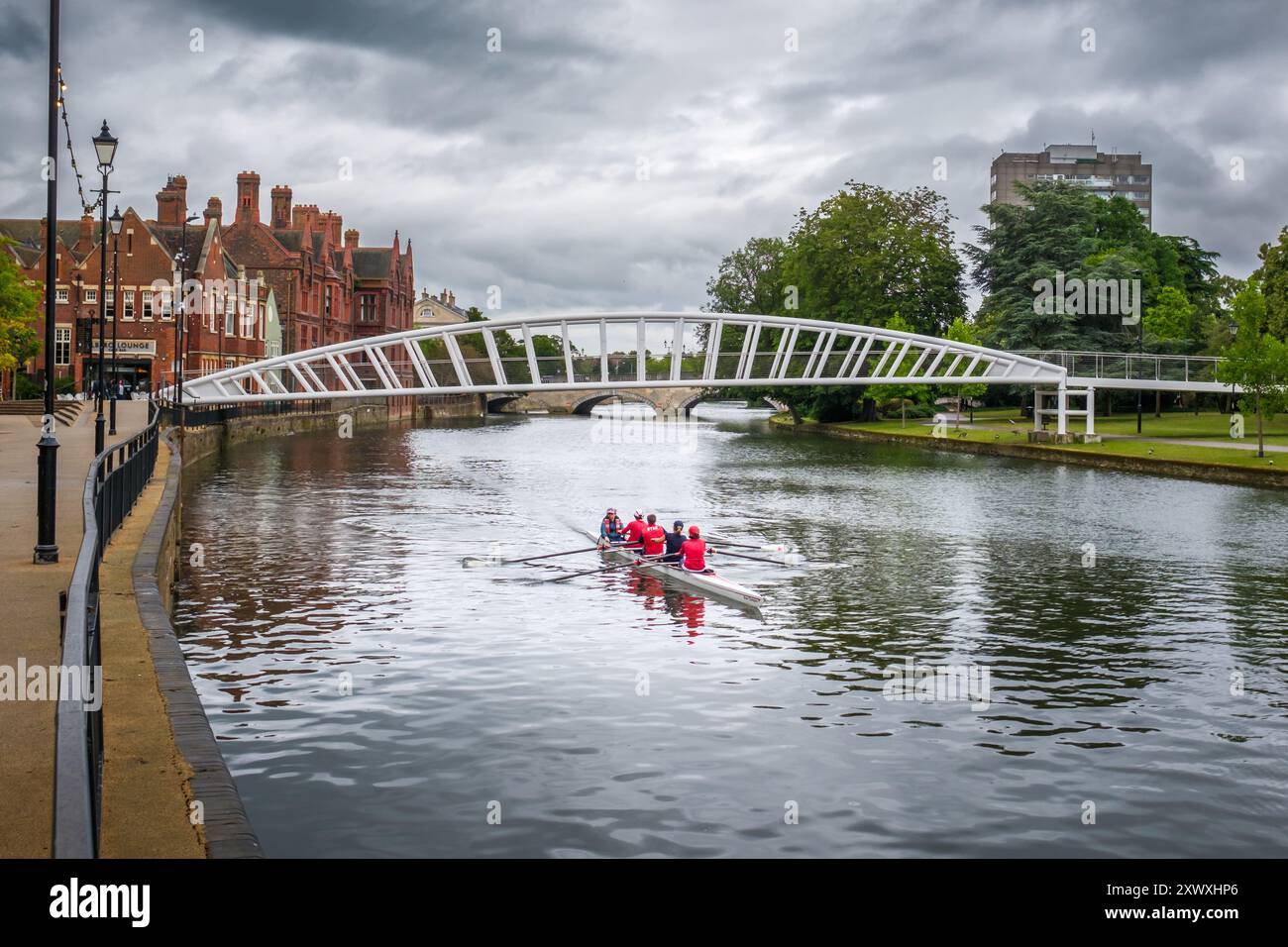 Bedford, England - 9th July 2024: Rowers training in a coxed four pass ...