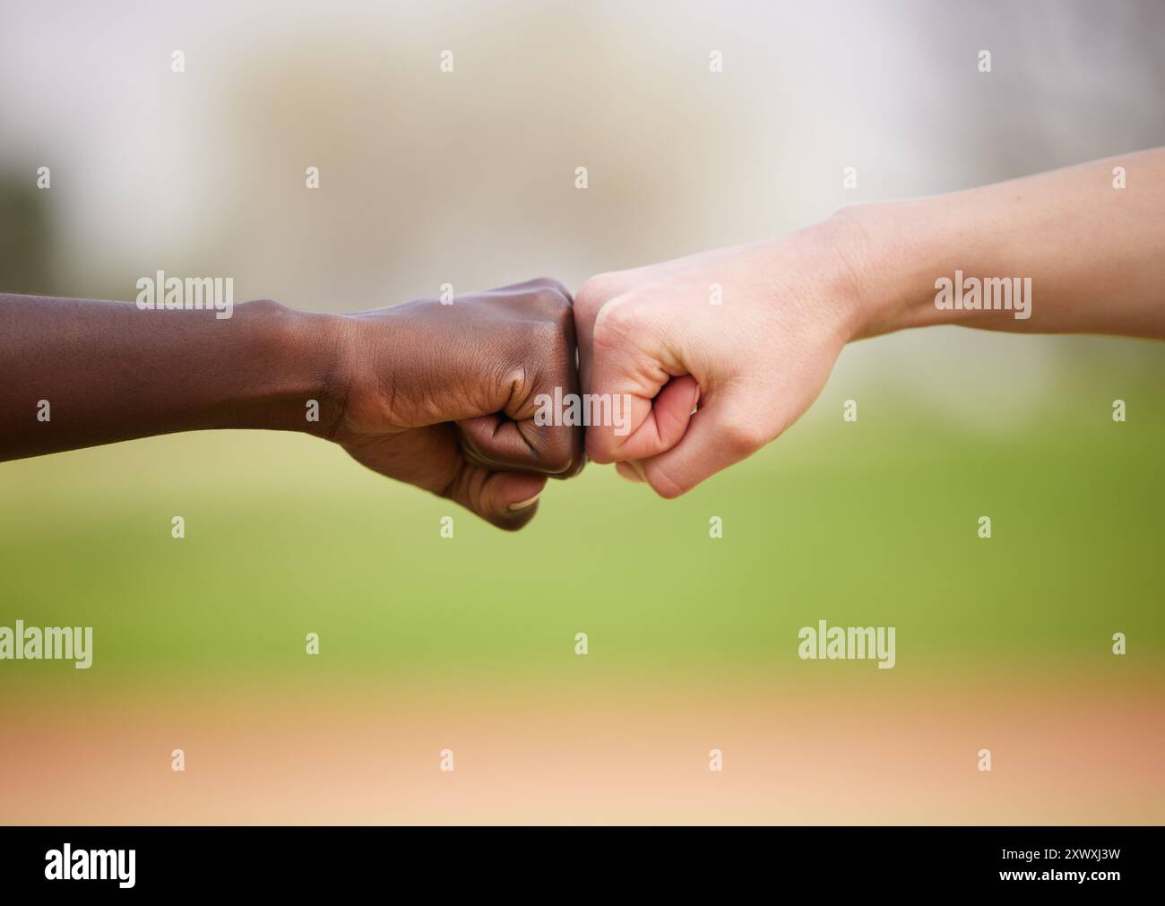 Diversity, solidarity and people in fist bump for outdoor support ...