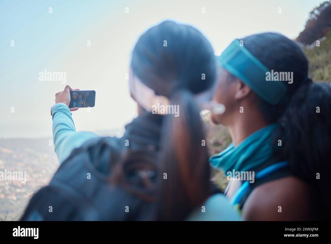 Hiking, women and friends with selfie on mountain for profile picture ...