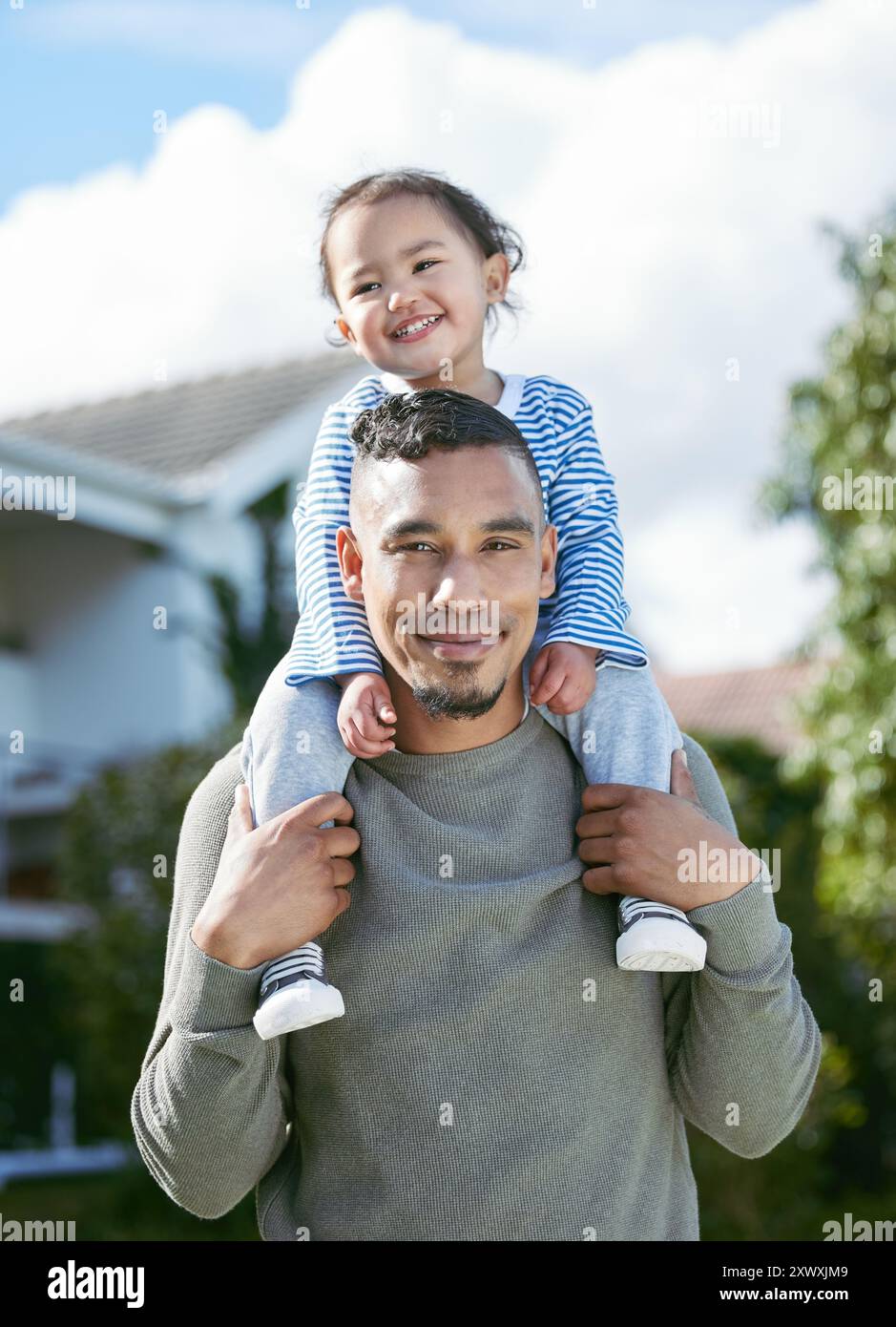 Happy father, portrait and shoulder with baby for bonding, love or ...