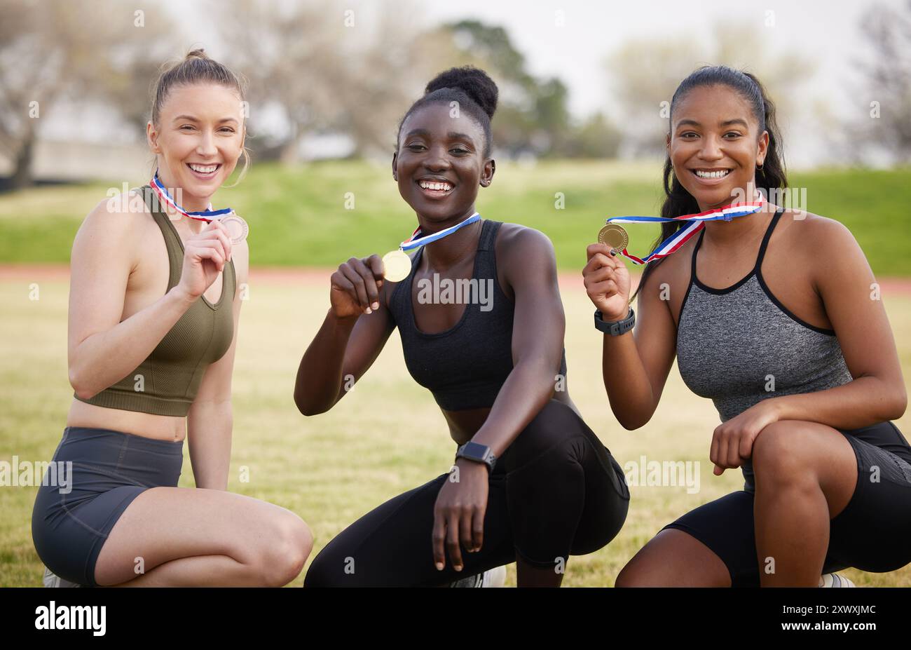 Women, portrait and sport medal with diversity, achievement and running ...