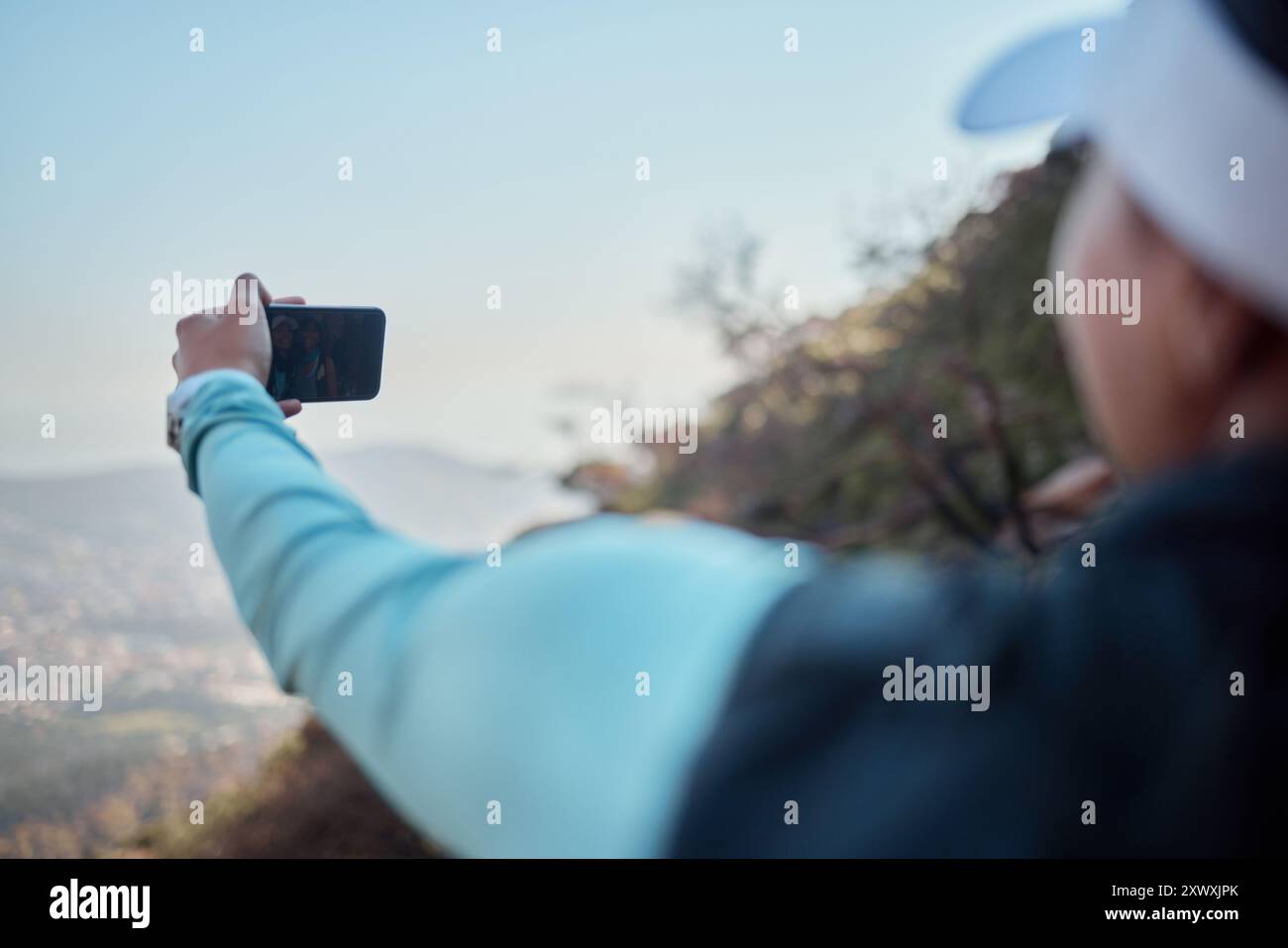 Hiking, women and friends with selfie hand on mountain for profile ...