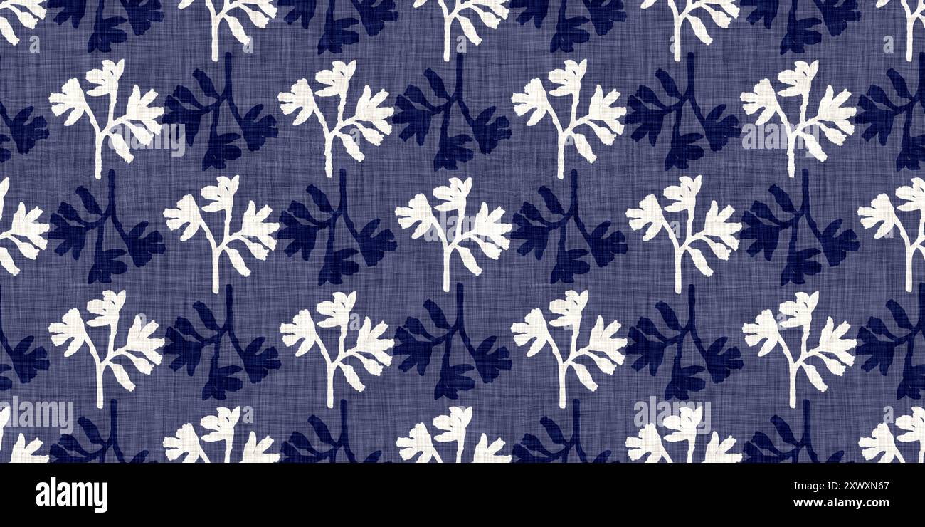 Indigo denim blue leaf motif seamless border. Japanese dye batik fabric ...