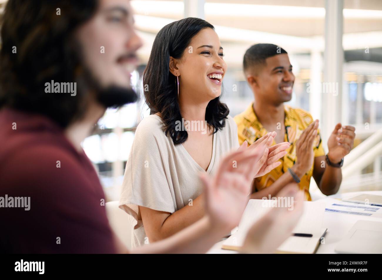 Office, business people and applause for celebration, achievement and ...