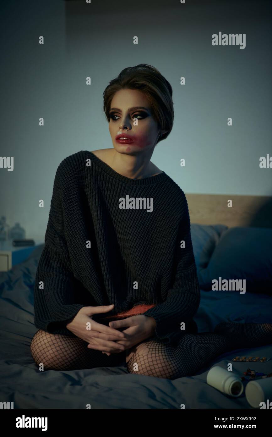 Grungy woman in dark sweater sits on bed, fishnet stockings contrasting ... Grungy woman in dark sweater sits on bed, fishnet stockings contrasting ...
