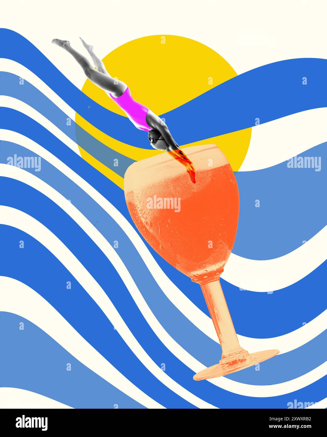 Poster. Contemporary art collage. Bold diver in suit plunges into drink ...