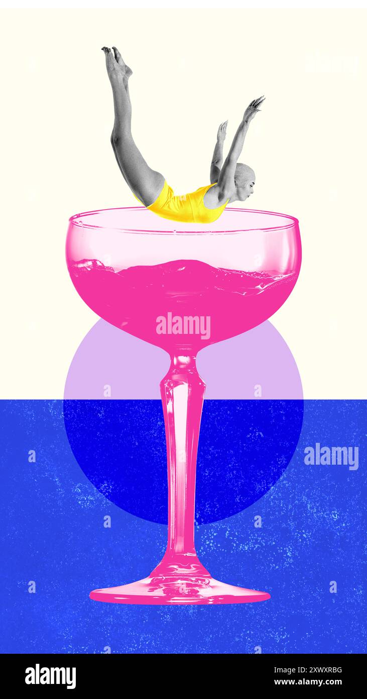 Poster. Contemporary art collage. Athletic woman in vibrant swimsuit ...