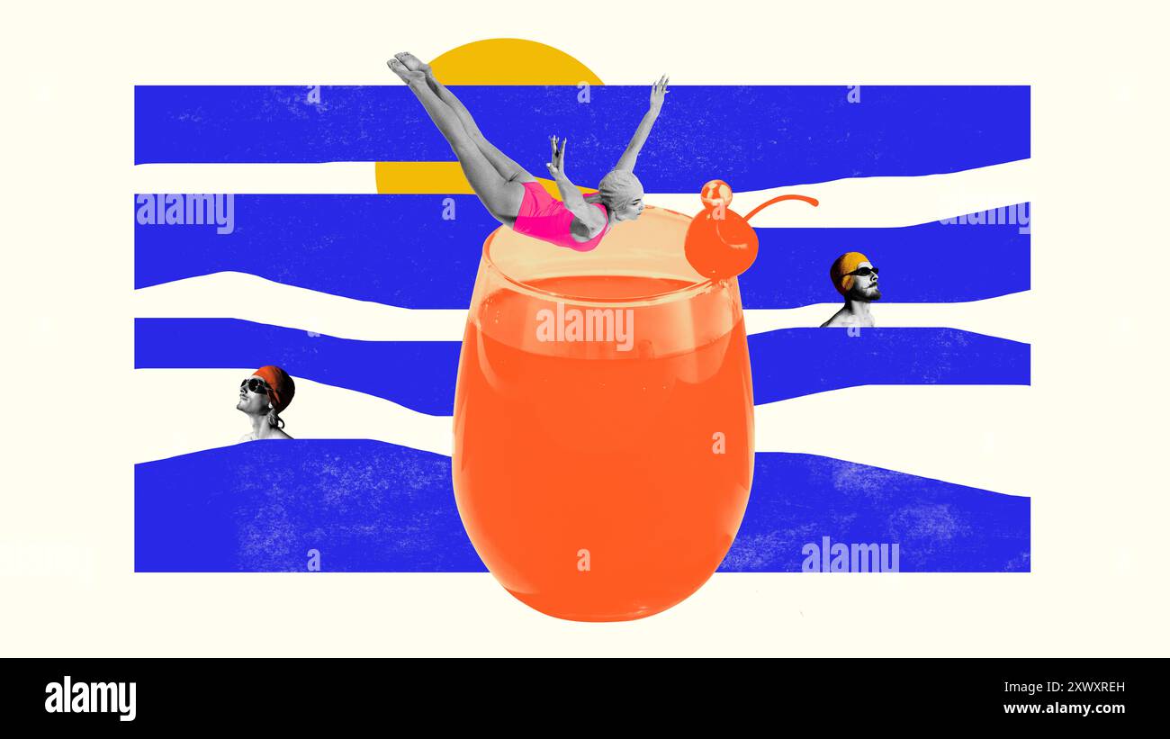 Poster. Contemporary art collage. Vibrant diver in pink soars into ...