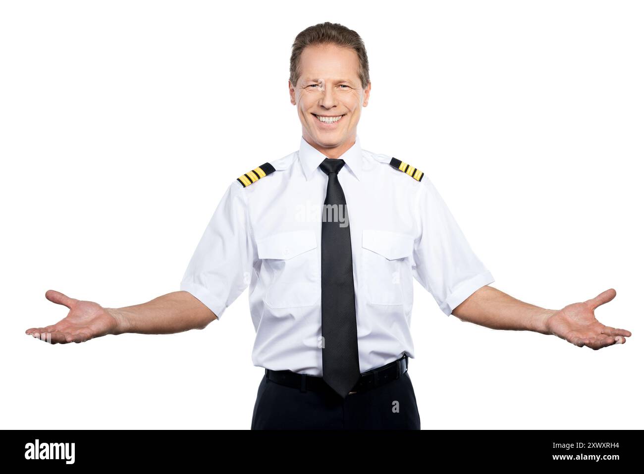 Welcome on board! Happy male pilot in uniform gesturing and smiling ...