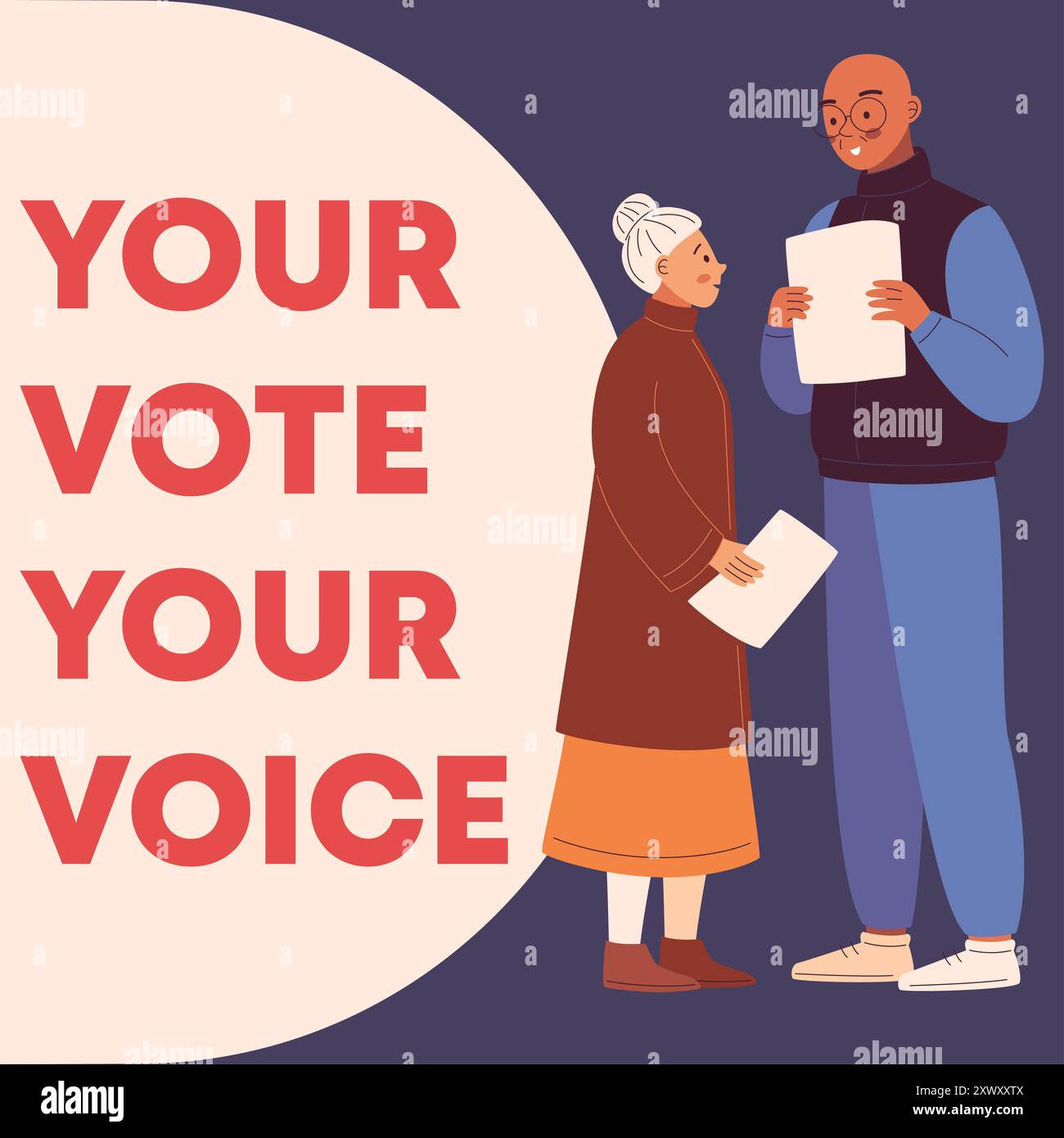 Illustration of diverse voters at a polling station. A senior couple ...