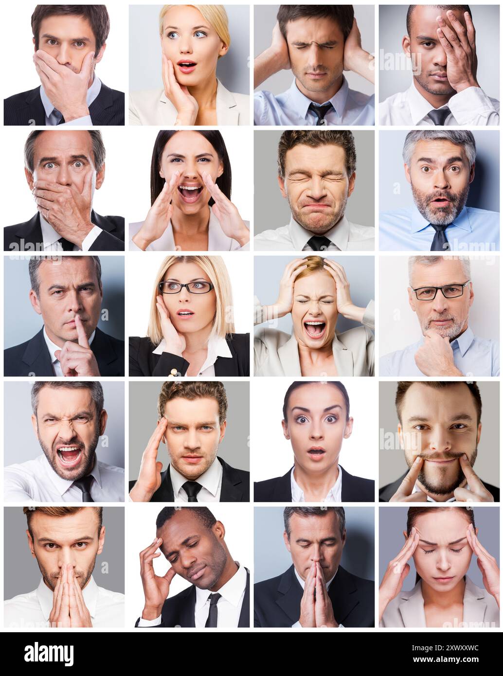 Business emotions. Collage of diverse multi-ethnic business people expressing different emotions ...
