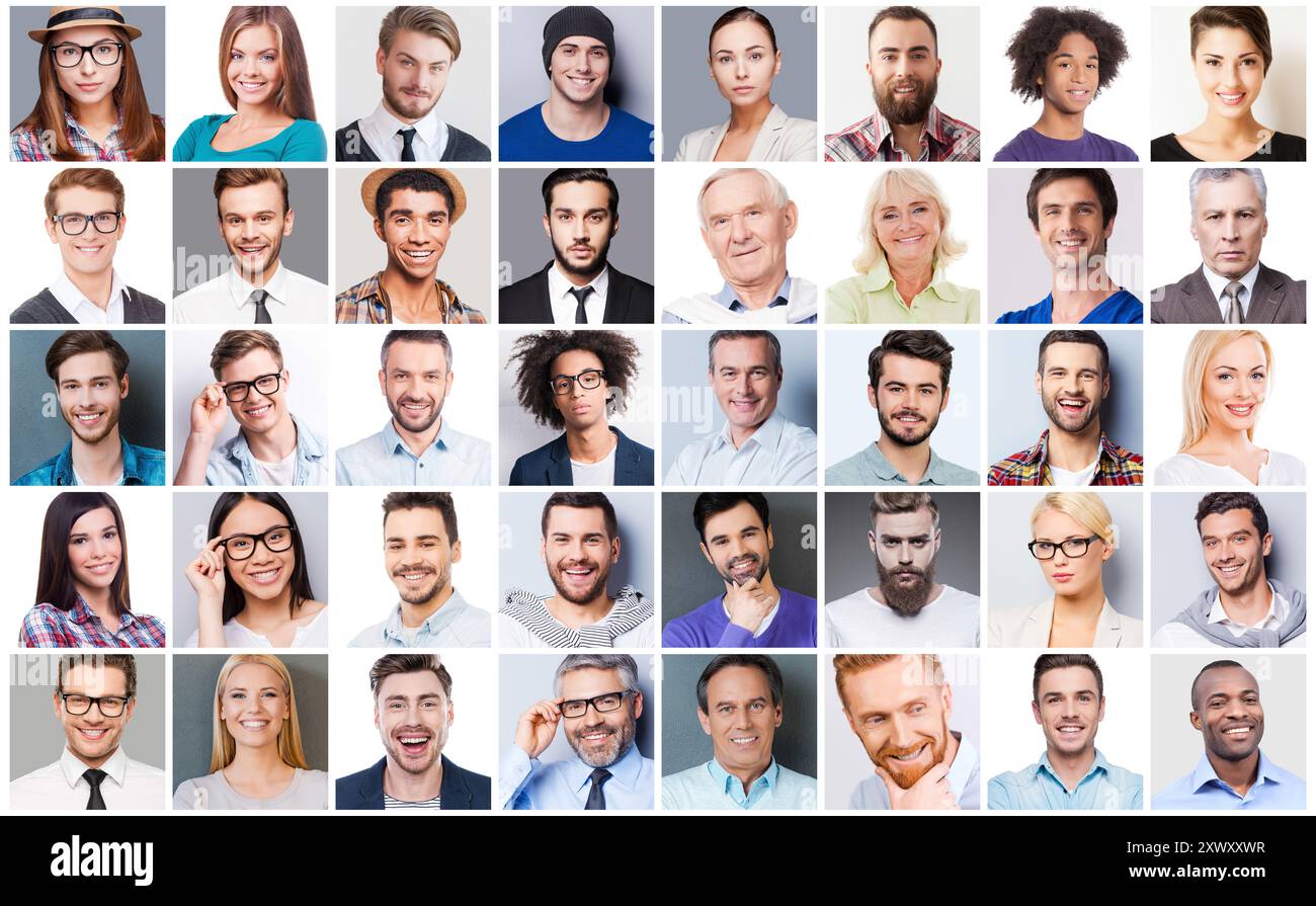 Diverse people. Collage of diverse multi-ethnic and mixed age people expressing different ...